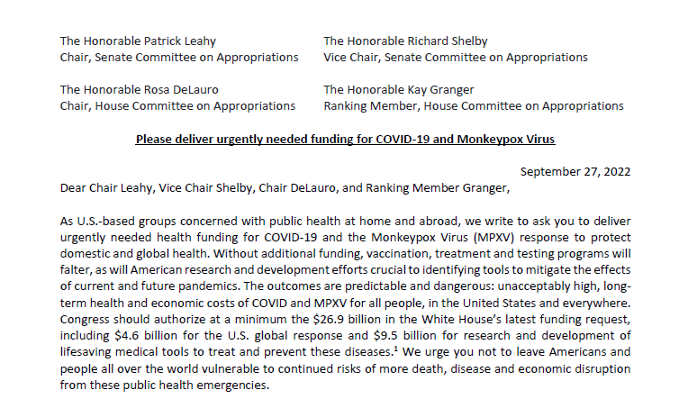Letter to Congressional Appropriators from Civil Society: Provide Urgent COVID-19 and MPXV ...